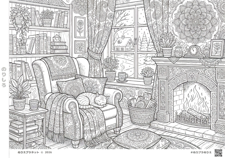 【上級者向け】冬の心地よい部屋（Cozy）の難しい塗り絵｜無料ダウンロード｜ぬりえプラネット | みんなのぬりえプラネット・塗り絵無料ダウンロード